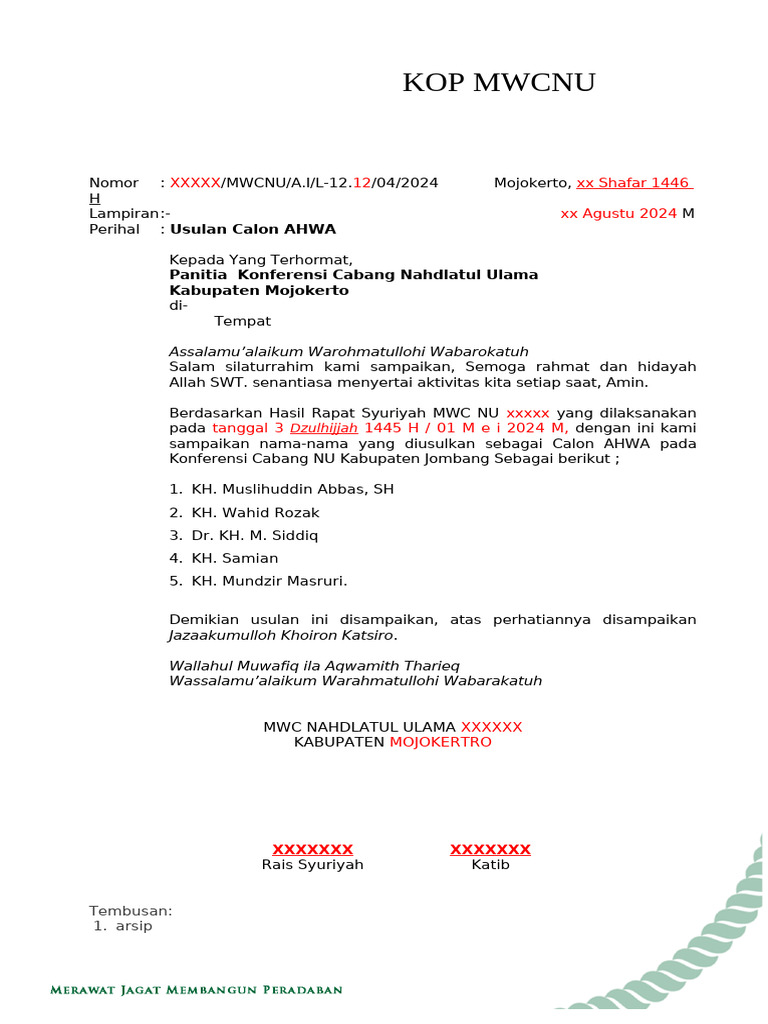 Contoh SURAT USULAN AHWA MWCNU | PDF