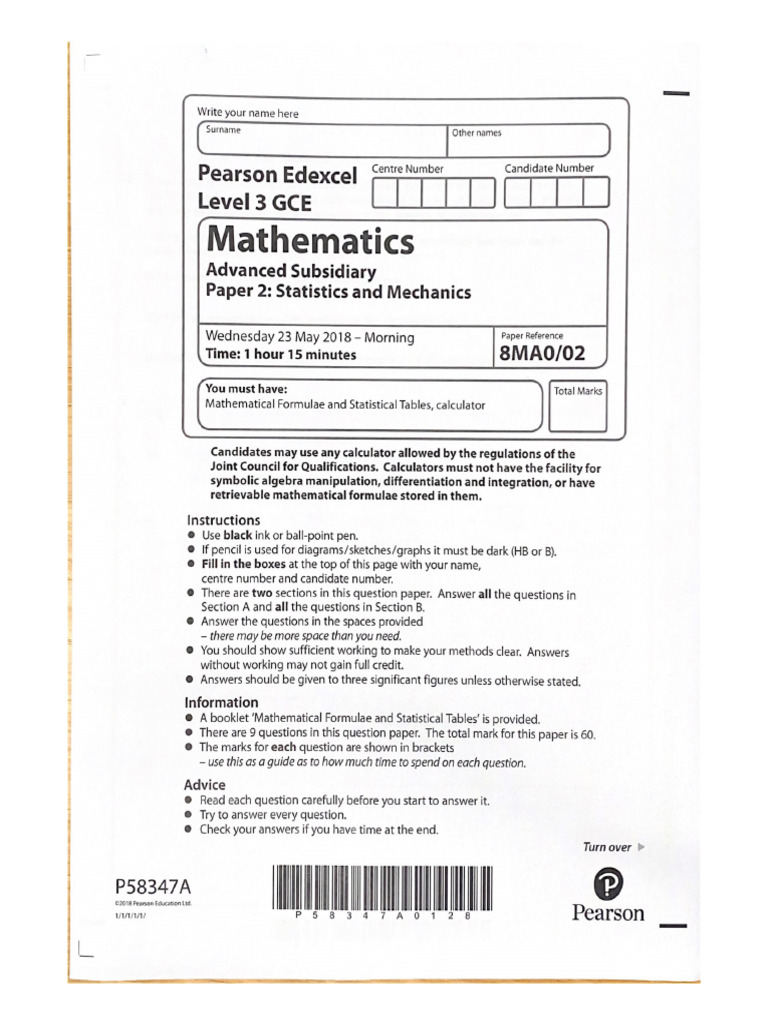 Edexcel Paper 2 as Statistics and Mechanics May 18 8MA002 | PDF