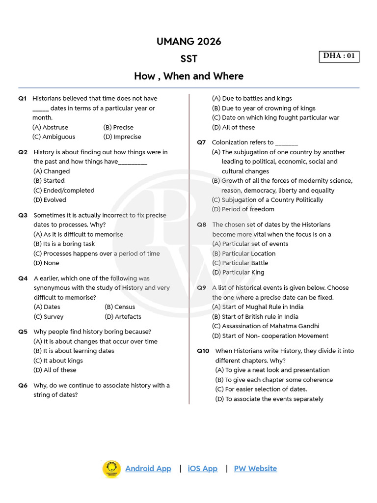 History - How, When and Where - DHA 01 - Umang 2026 (Class 8th) | PDF