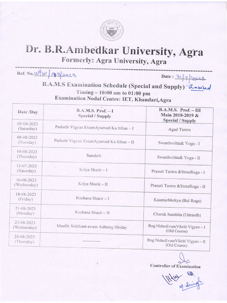 Revised Examination Schedule of BAMS I and III 2018 19 Prof Special and Supply Ref No. Exam 173 ...