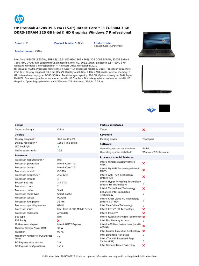 HP ProBook 4520s Specifications Overview | PDF | Central Processing ...