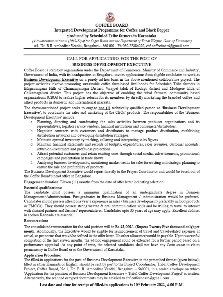01 Business Development Executive Post Advt Details Application Form ...