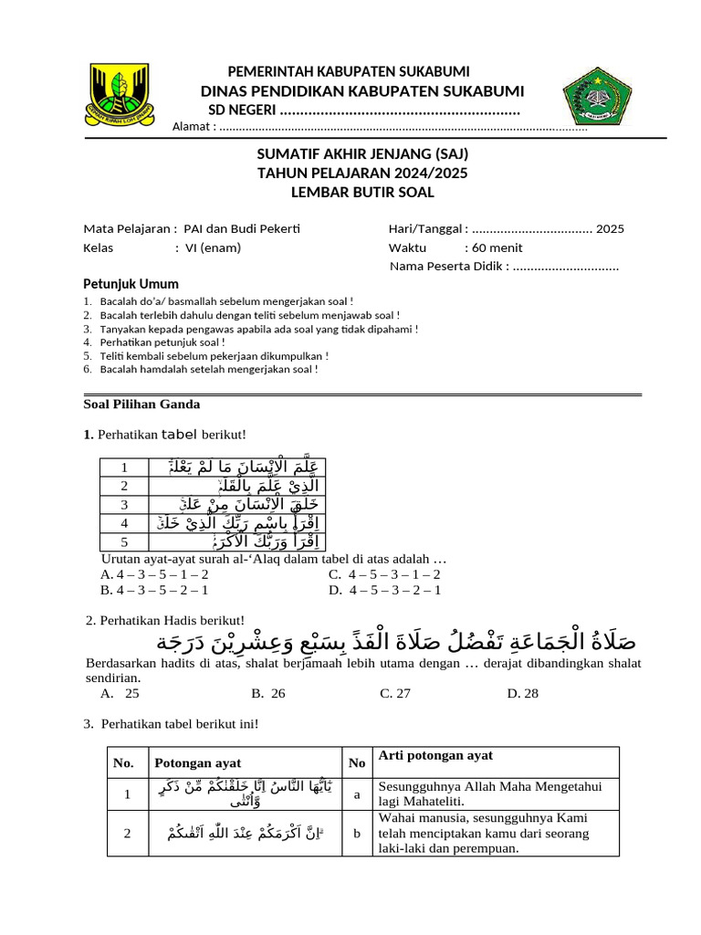 Soal SAJ PAI SD 2025 | PDF