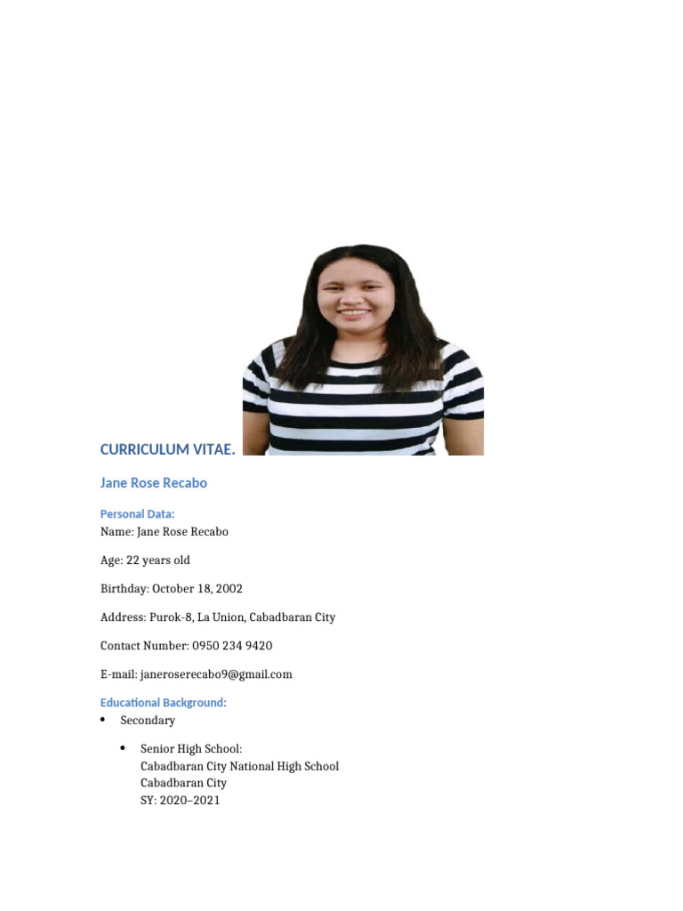 Curriculum Vitae Jane Rose Recabo Updated | PDF