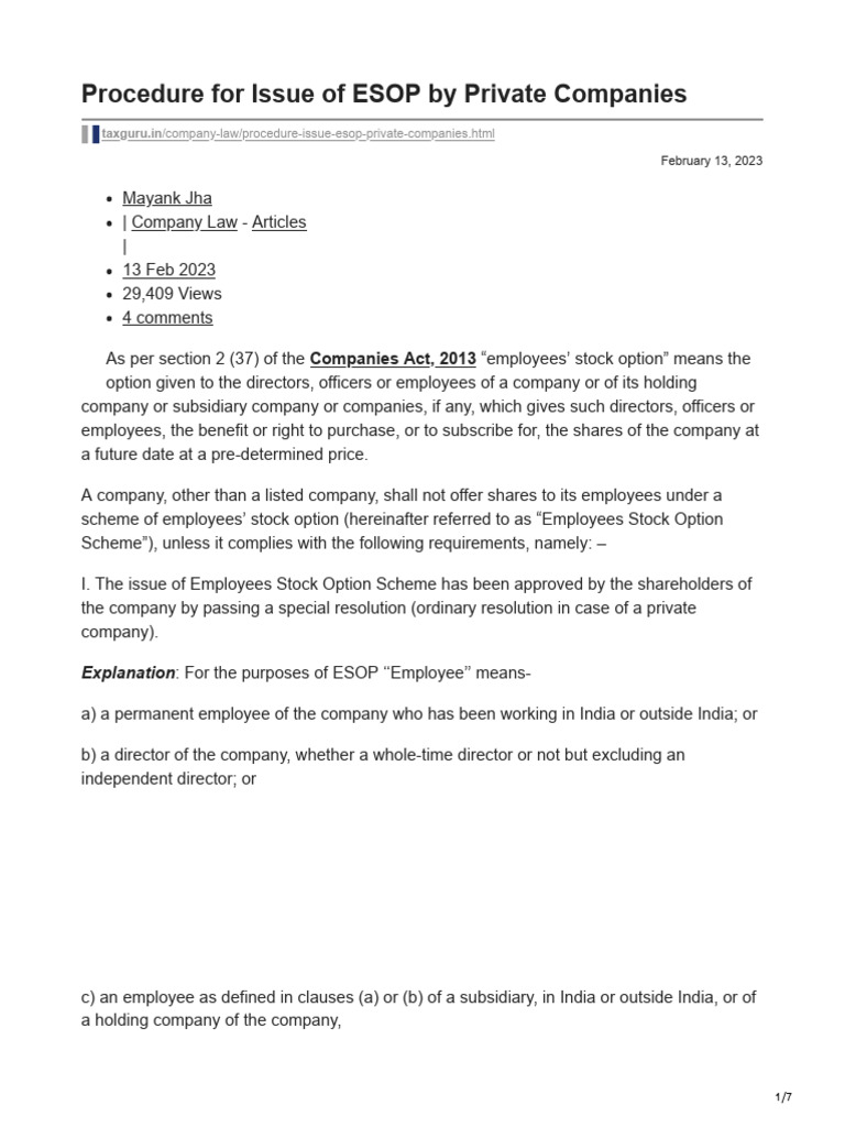 ESOP Issuance Procedure for Private Firms | PDF | Stocks | Vesting