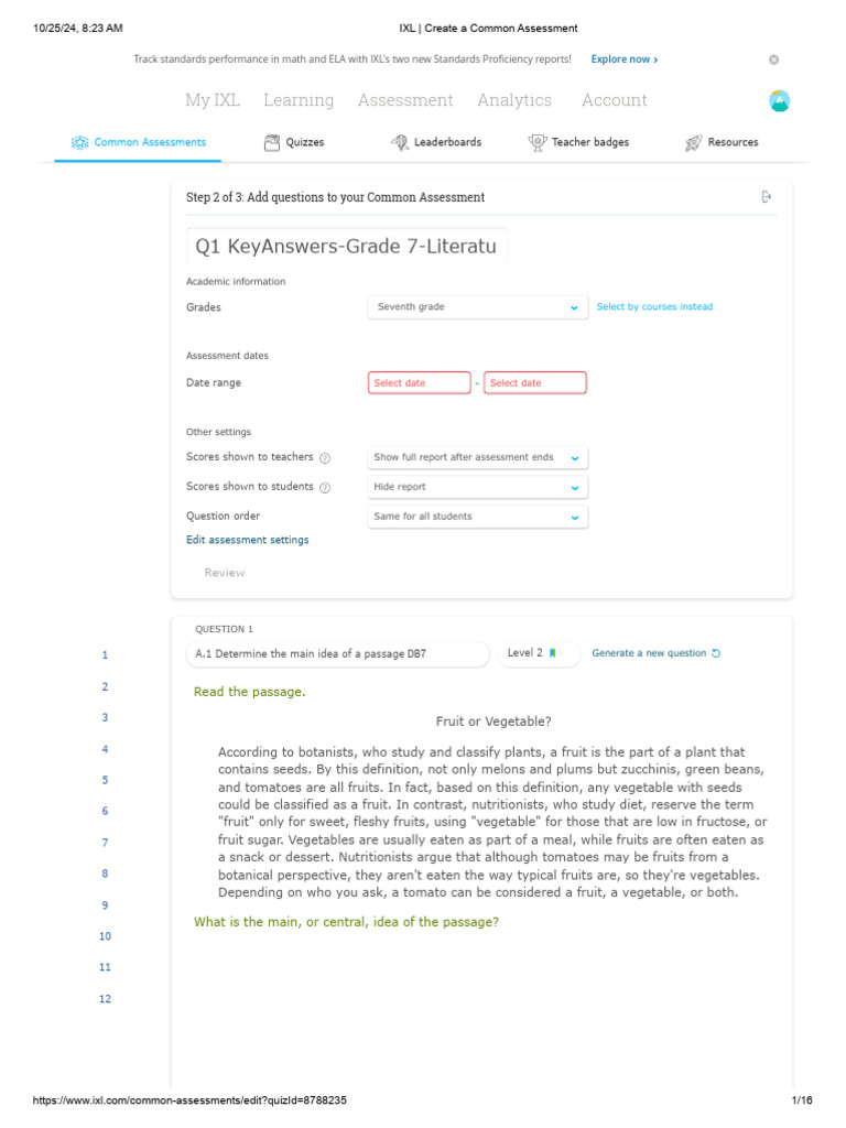 IXL - Create A Common Assessment-Literature | PDF | Fruit | Vegetables