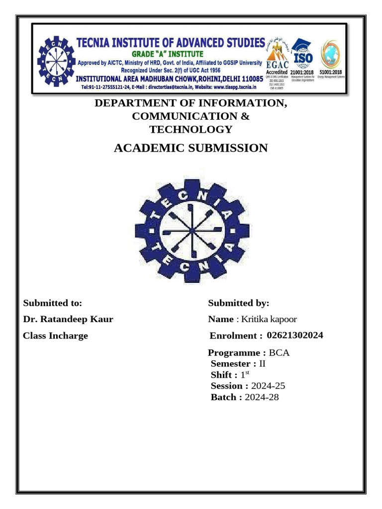 Academic Submission Cover Page Kritika Kapoor | PDF | Information Science | Computer Programming