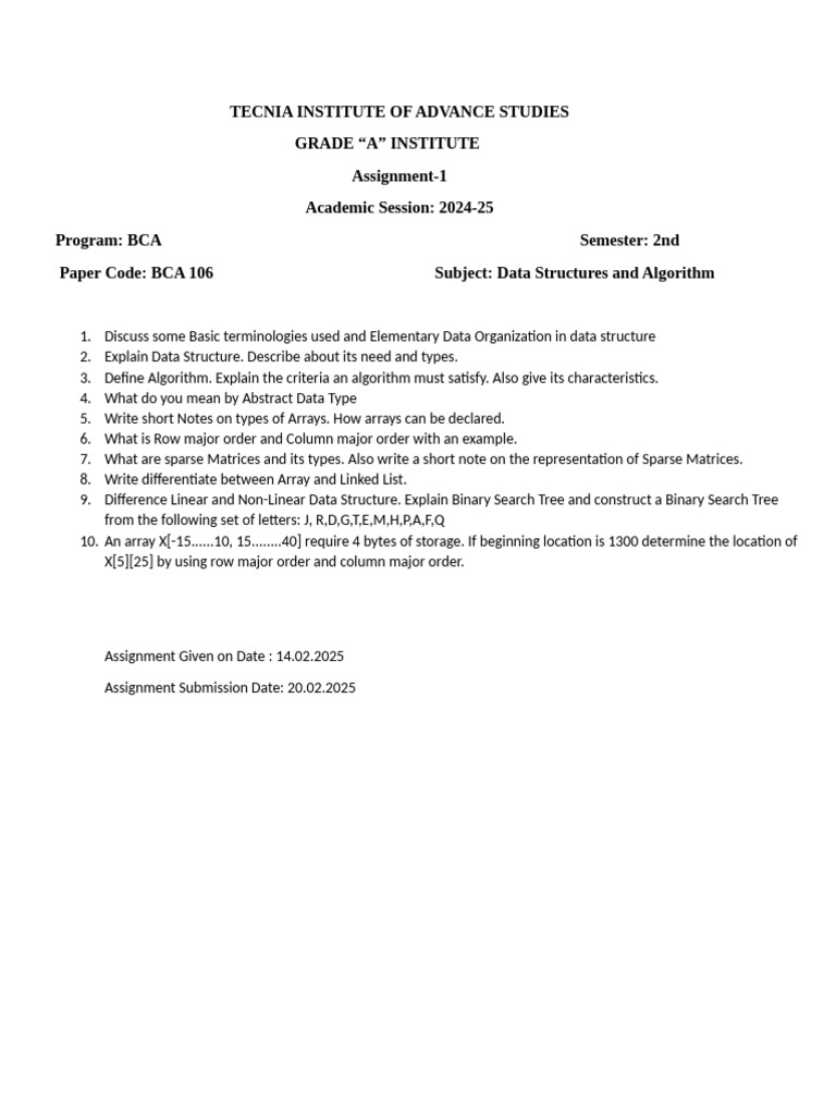 BCA 2nd Semester Data Structures Assignment | PDF