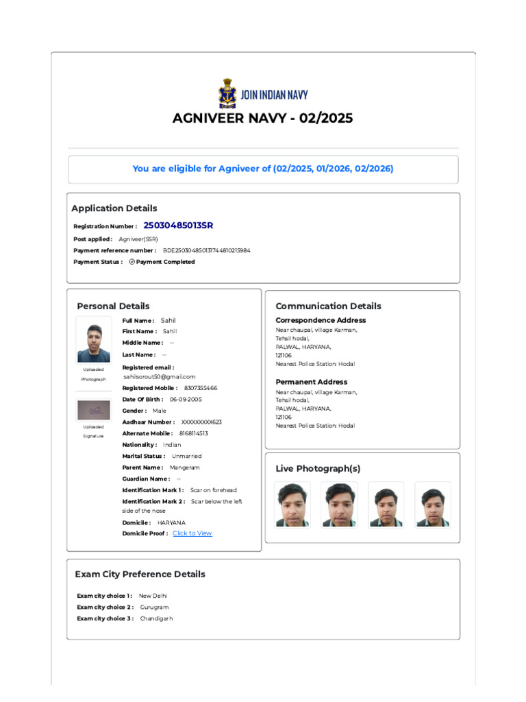 Agniveer Navy Application - 02/2025 | PDF