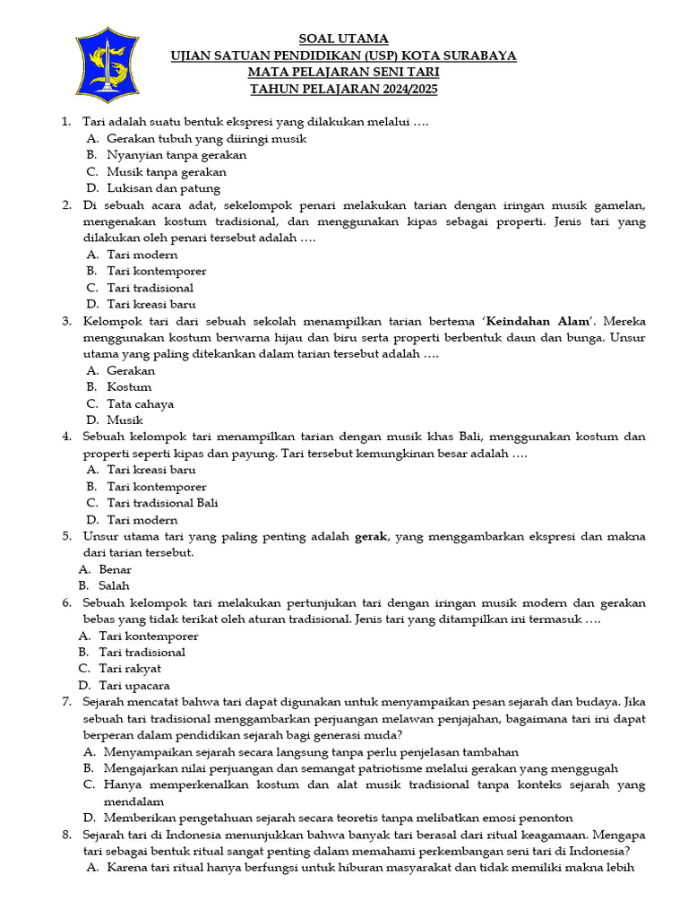 Soal Utama Usp Seni Tari Kelas 9 Tahun 2025 | PDF