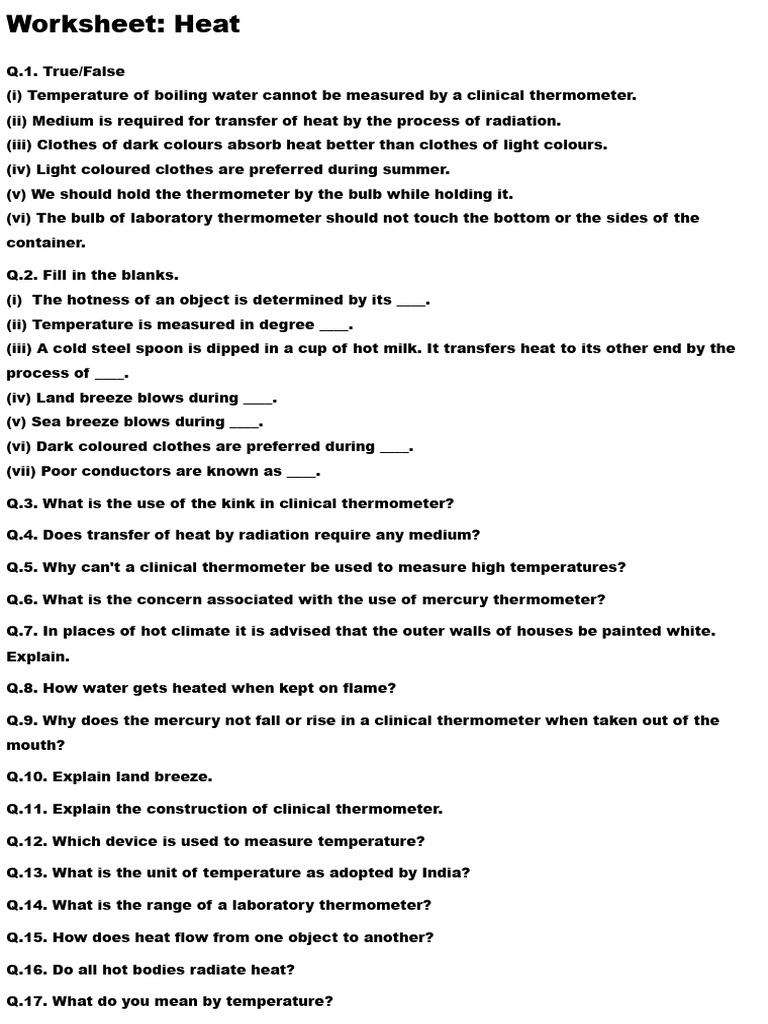 Heat Class 7 Worksheet Science Chapter 3 | PDF