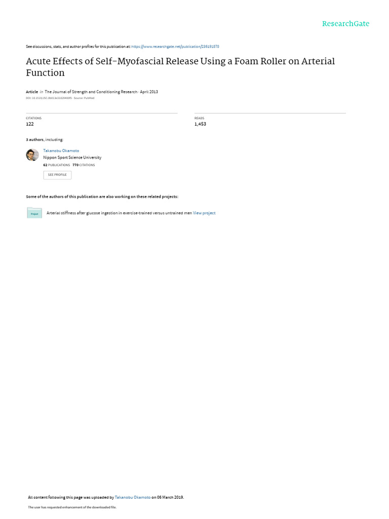 Acute Effects of Self-Myofascial Release Using A Foam Roller On Arterial Function | PDF | Artery ...