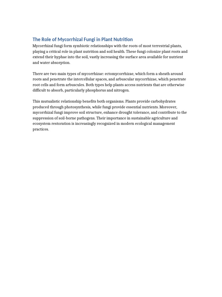 The Role of Mycorrhizal Fungi in Plant Nutrition | PDF