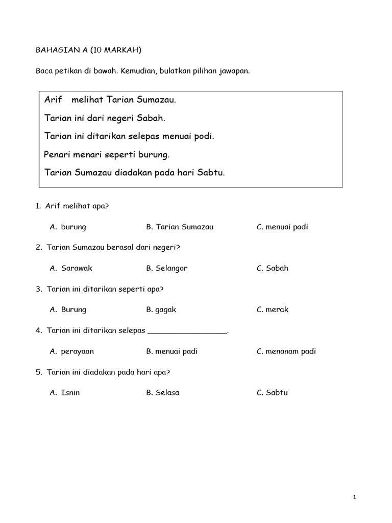 Kuiz Bahasa Melayu Tahun 1 | PDF