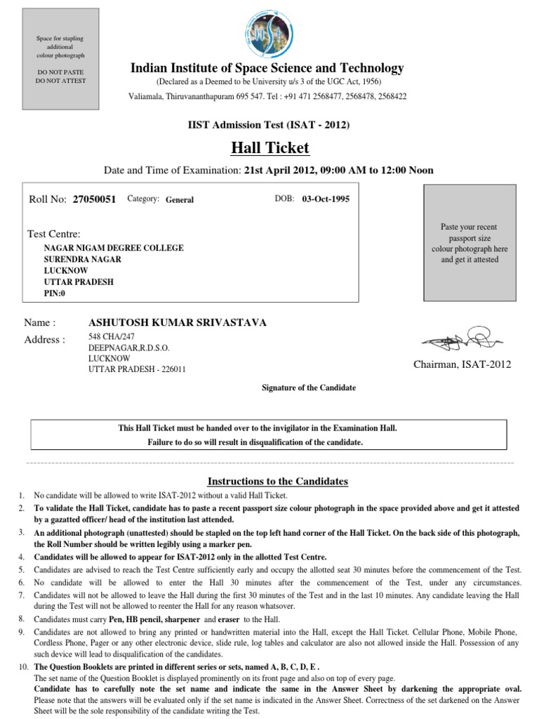 IIST Admission Test Hall Ticket Instructions | PDF | Career & Growth