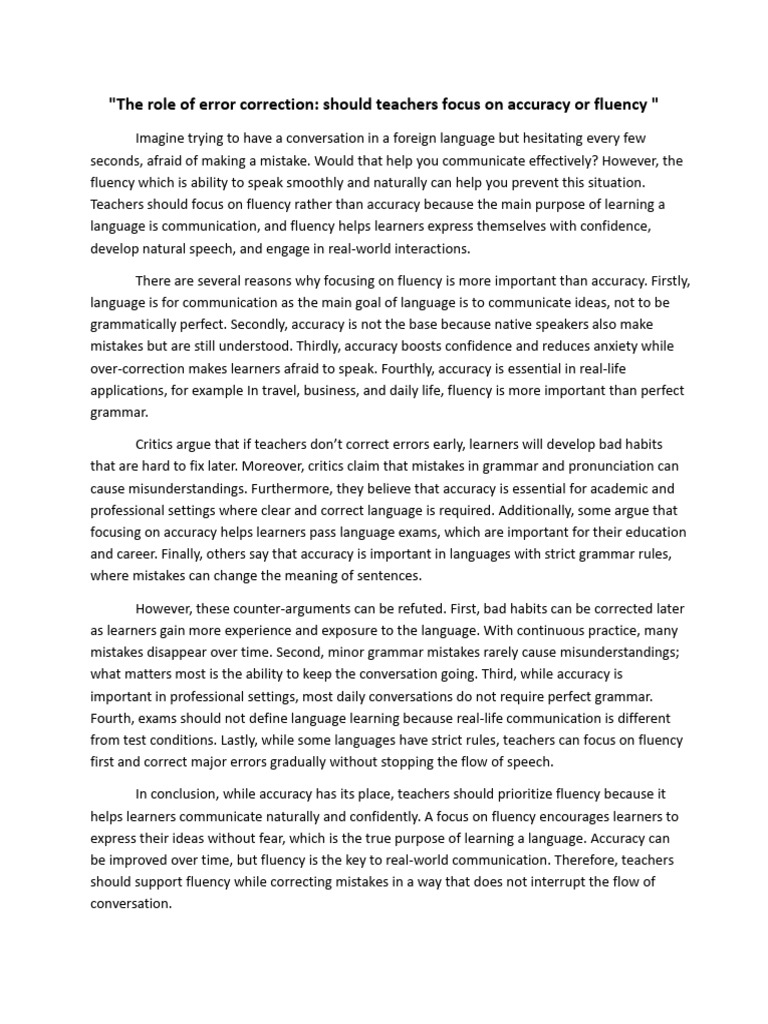 Fluency Vs Accuracy Essay | PDF | Fluency | Learning