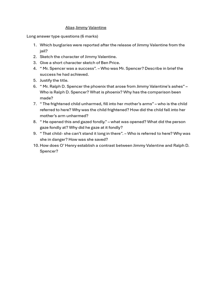 Jimmy Valentine Character Analysis Questions | PDF
