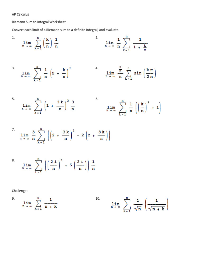 Riemann Sums to Integrals Worksheet | PDF