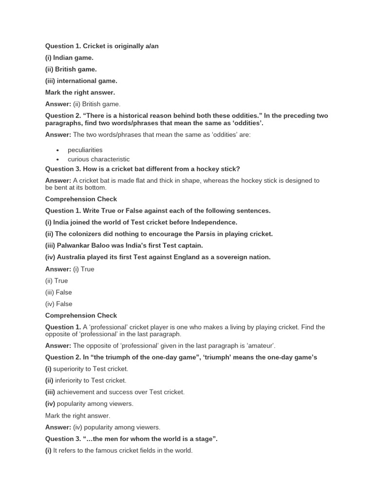 Class 6 Cricket: Summary & Q&A Guide | PDF | Cricket | Bowling (Cricket)