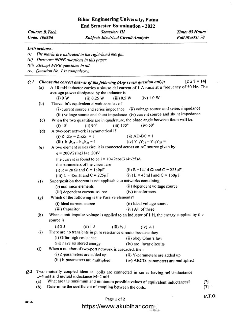 Btech Eee 3 Sem Electrical Circuit Analysis 100306 2022 | PDF