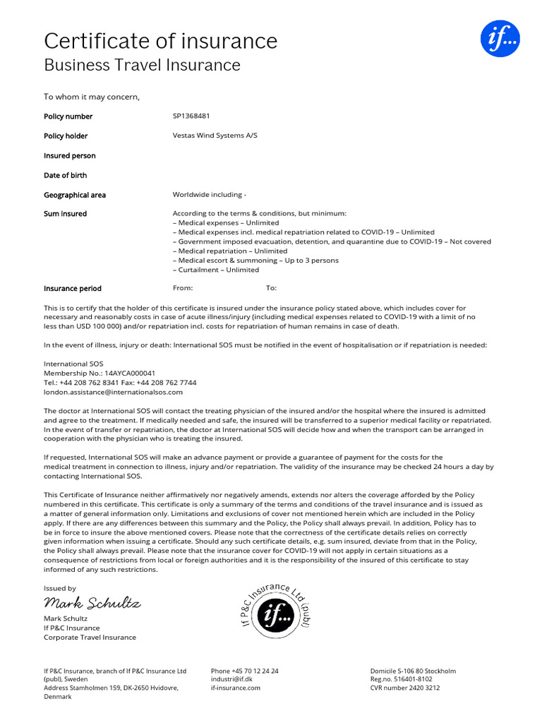 Certificate of Business Travel Insurance | PDF | Insurance | Health Care
