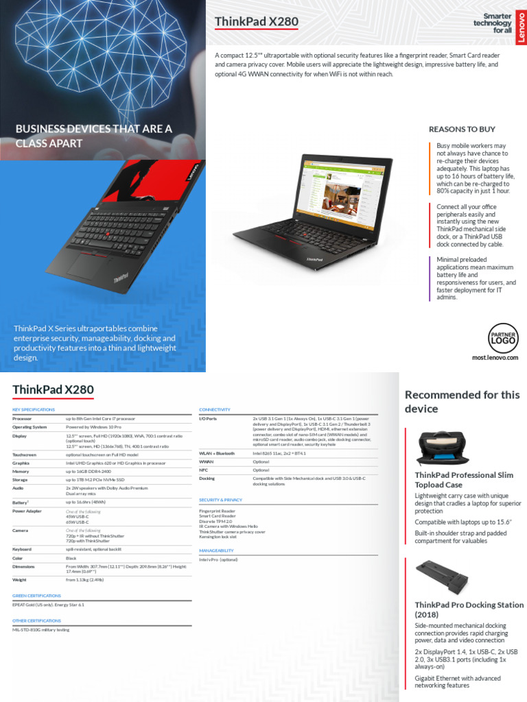 ThinkPad X280 Key Specifications | PDF | Laptop | Usb