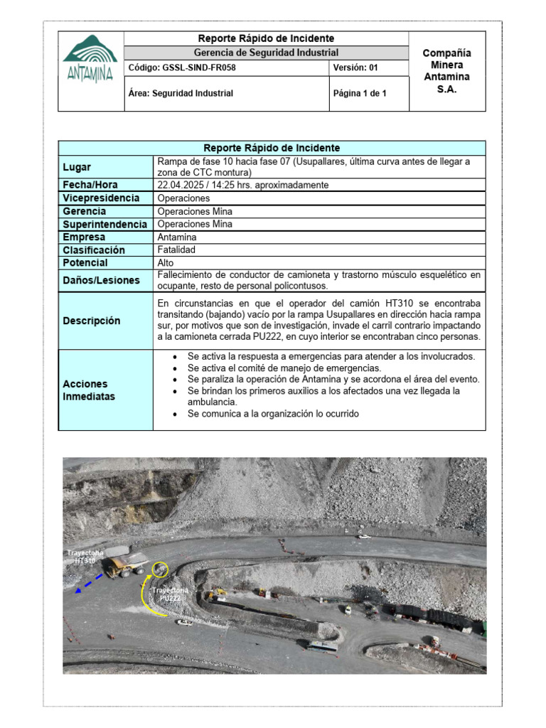 GSSL SIND FR058 Reporte Rápido de Incidente Fatal - Operaciones Mina 22ABR2025 | PDF