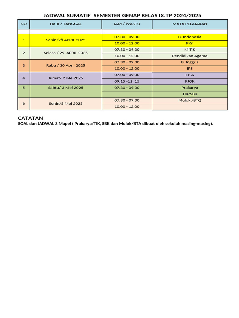 Jadwal Sumatif Akhir Kelas 9 TP 2024-2025 | PDF