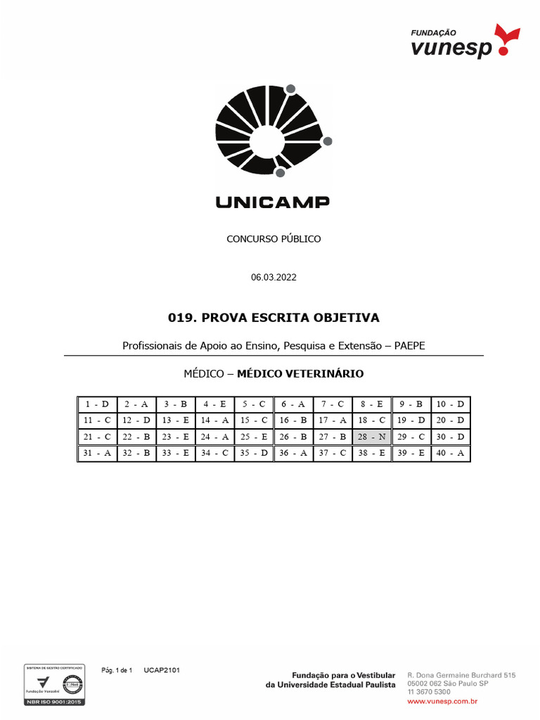 PDF Gabarito Unicamp Objetiva | PDF