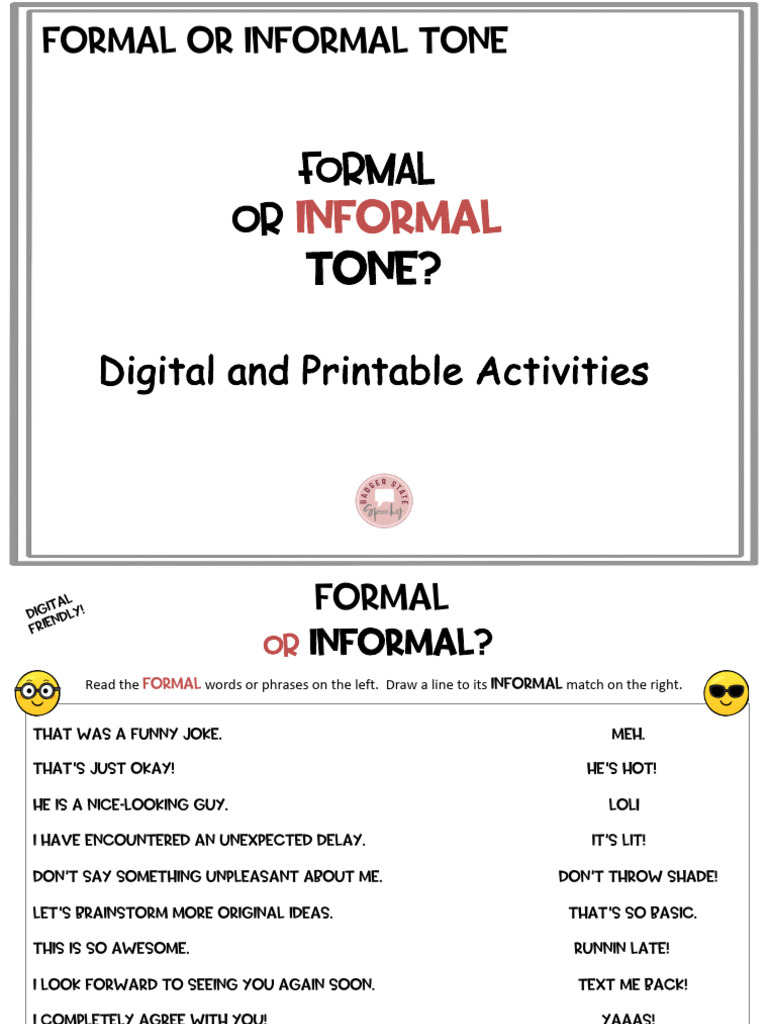 Formal or Informal Tone Game and Activity | PDF | Linguistics | Human ...