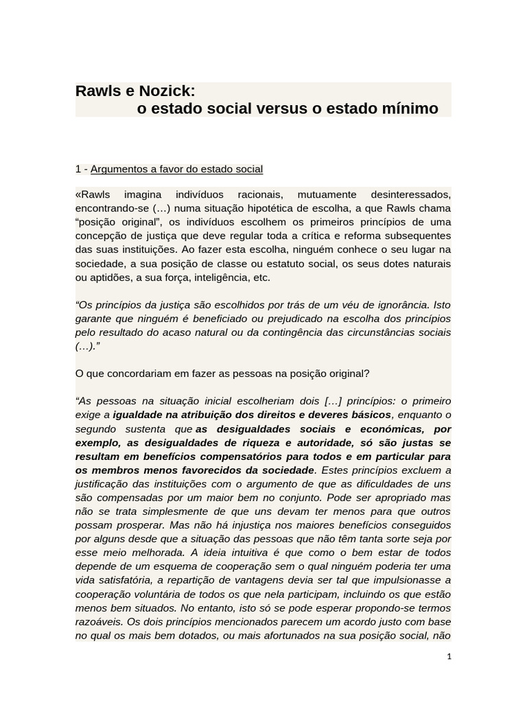 Rawls vs. Nozick: Estado Social e Mínimo | PDF | Justiça | Crime e ...