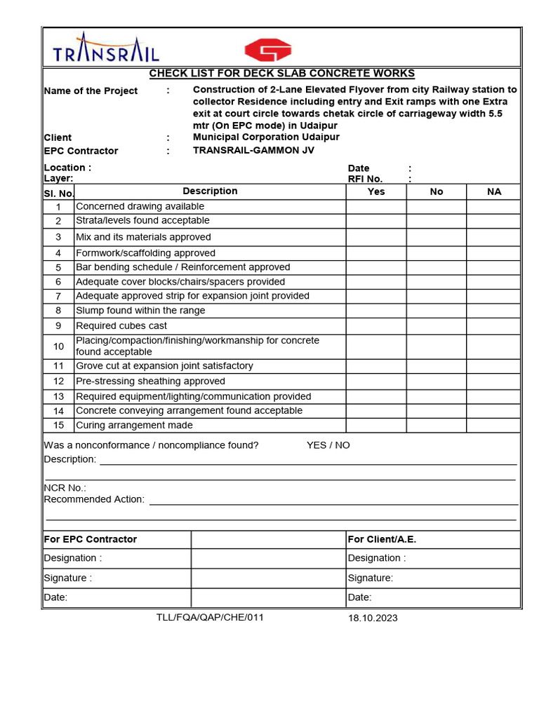 Checklist For Deck Slab Concrete Works | PDF