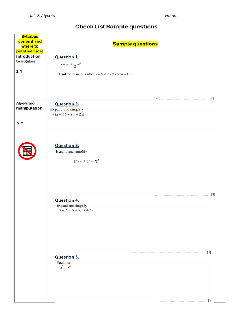 Algebra_Check list sample questions 1 | PDF | Algebra | Functions And ...