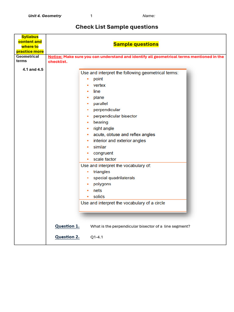 Geometry - Check List Sample Questions 1 | PDF | Geometry | Circle