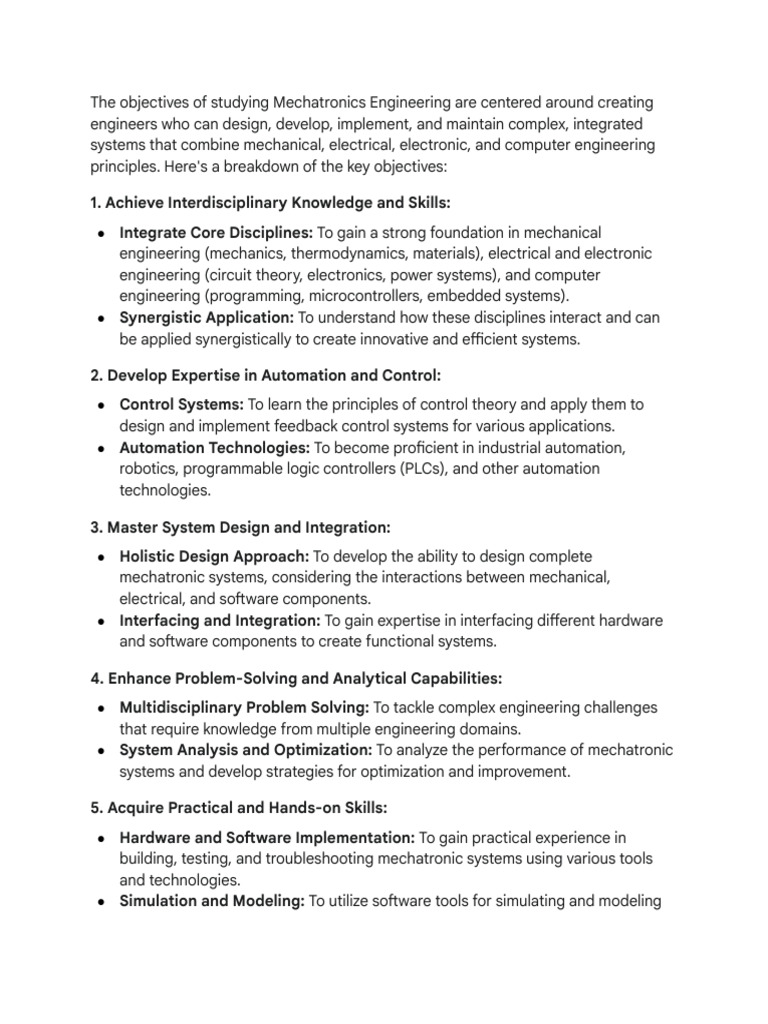 Mechatronics Engineering Objectives Explained | PDF | Engineering ...