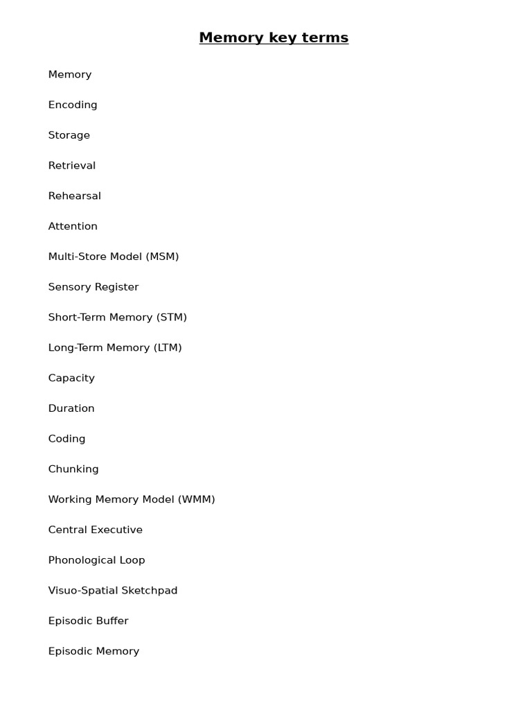 Paper 1 AO1 Memory Key Terms | PDF | Memory | Recall (Memory)