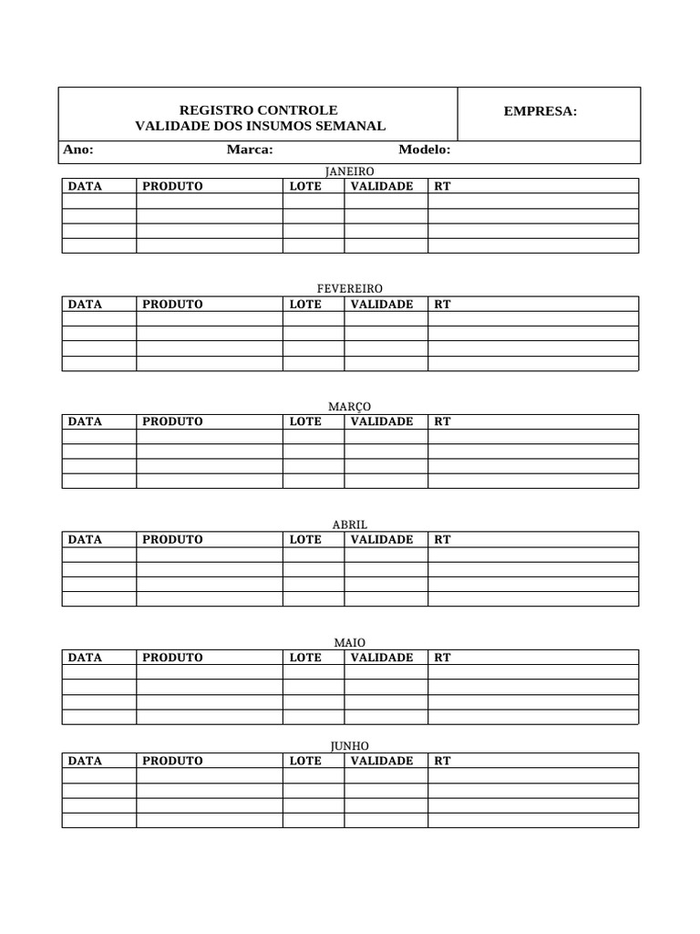 Registro Controle de Validade Insumos | PDF
