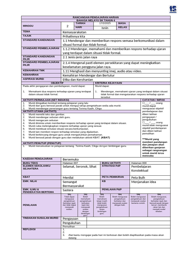 RPH Minggu 2 BM SK THN 4 2025 by Cikgu Gorgeous | PDF