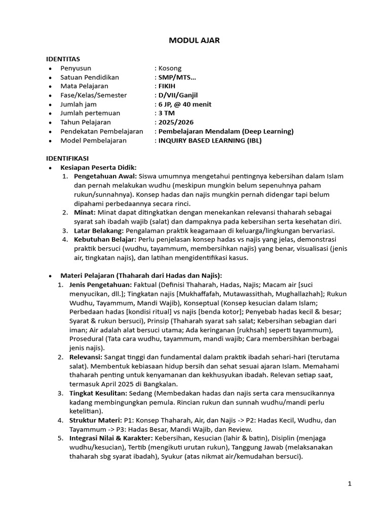 Modul Ajar Fikih Fase D KLs VII, SMT Ganjil - IBL | PDF