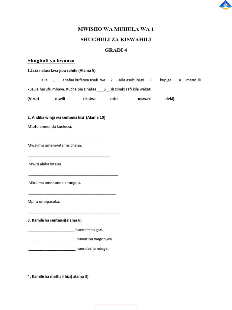 Grade 4 End Term 1 Kiswahili | PDF