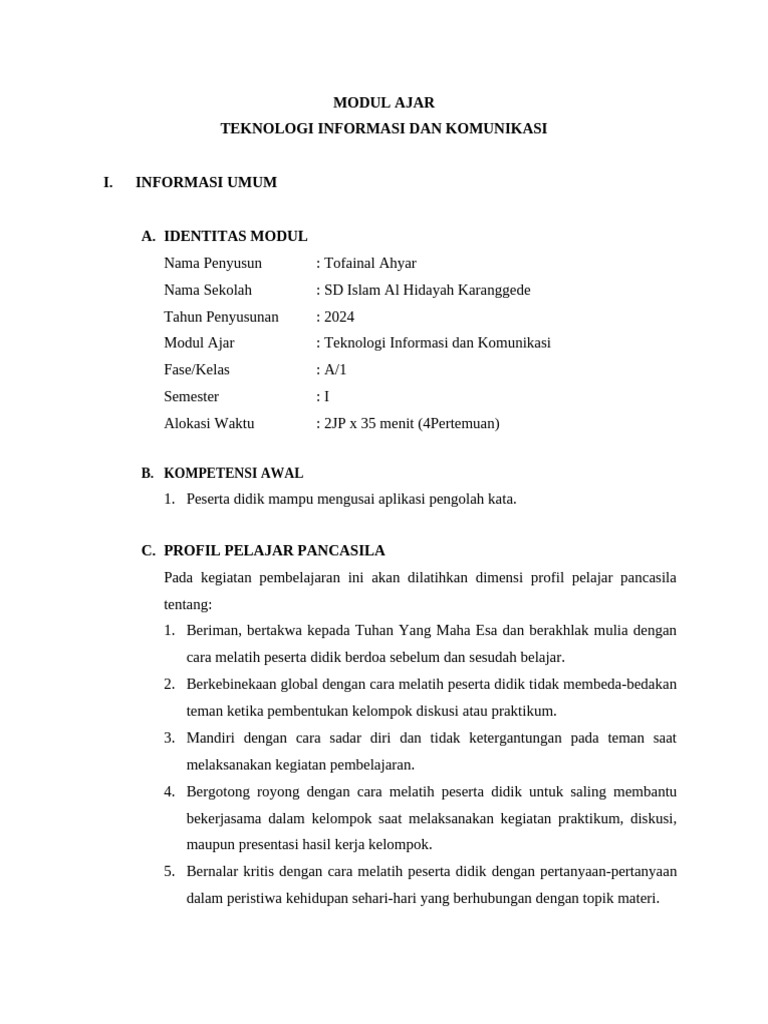 Modul Ajar Tik Kelas 1 Bab 3 | PDF