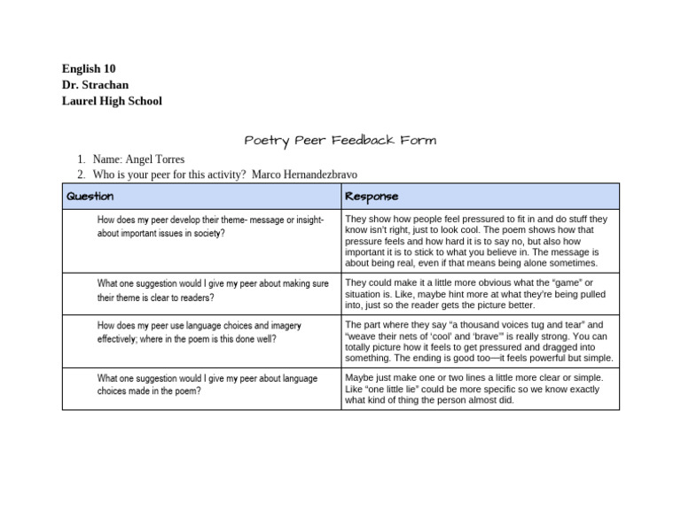 Copy of Poetry Peer Feedback Form | PDF