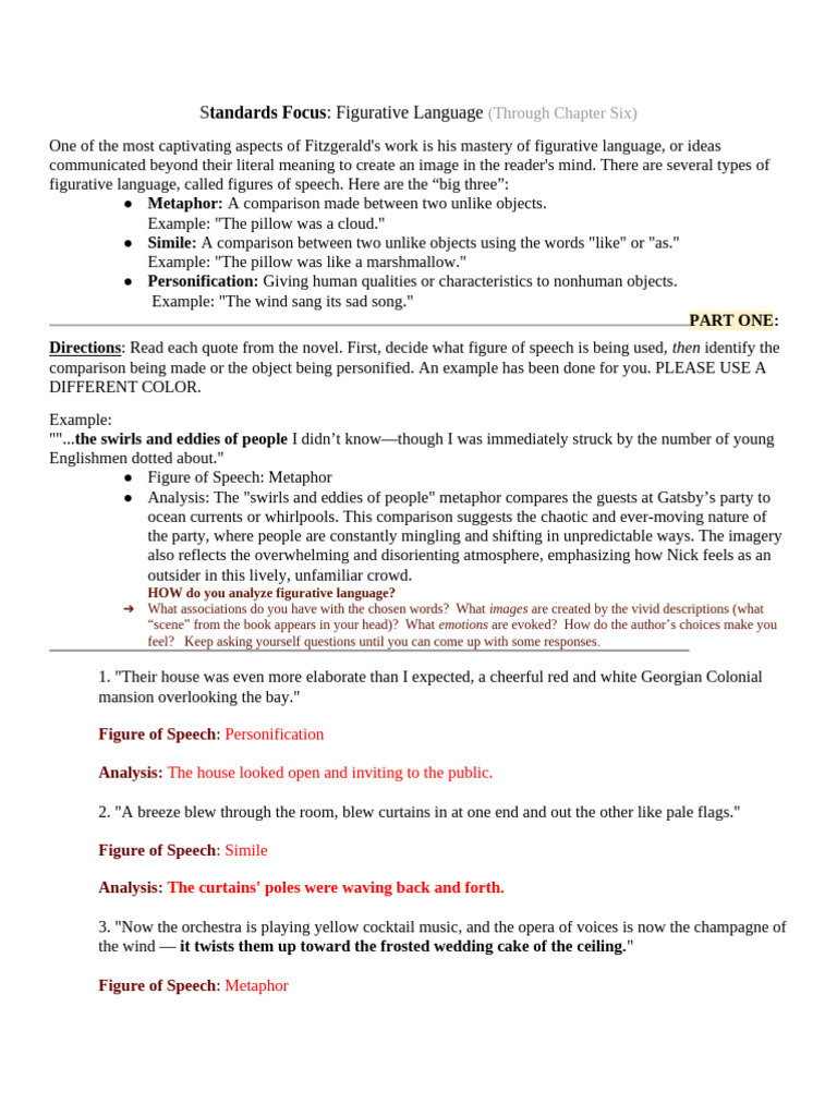 2025 Gatsby Figurative Language Made Literal STUDENT | PDF | Metaphor
