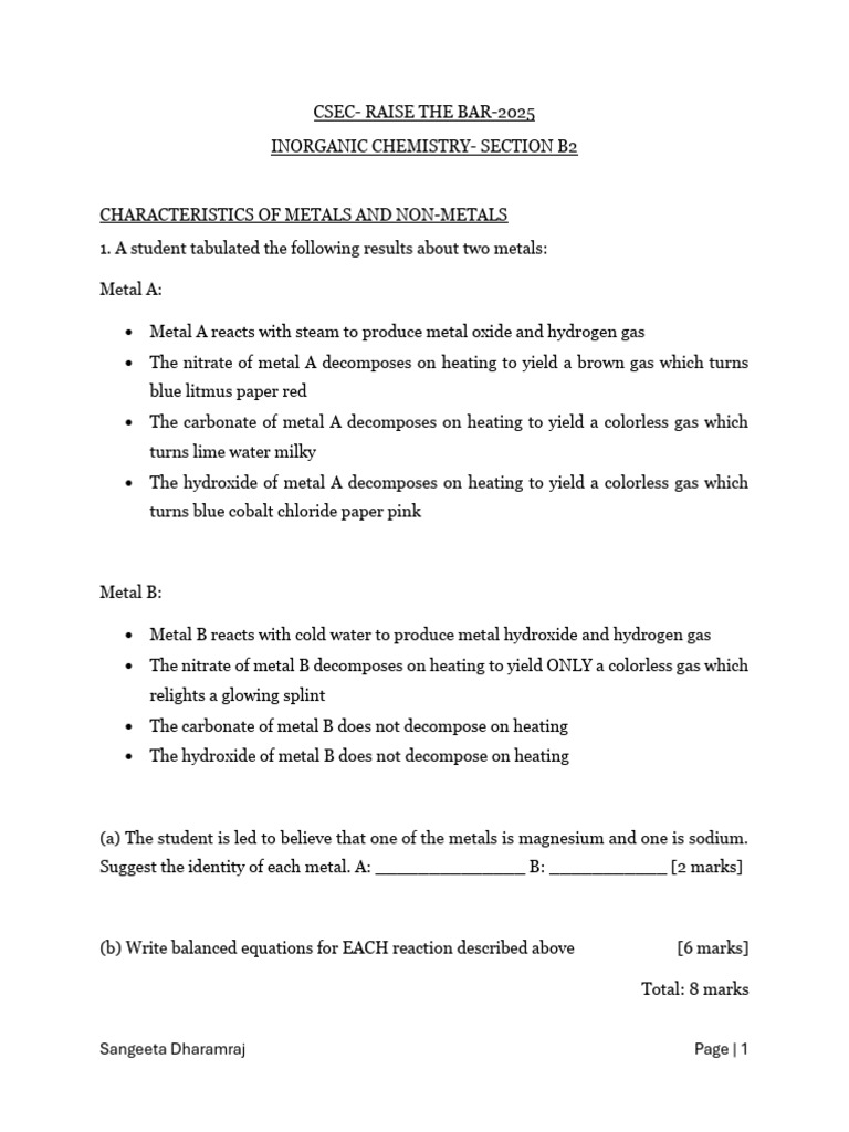 Csec_raise the Bar 2025_inorganic | PDF | Metals | Chemical Reactions