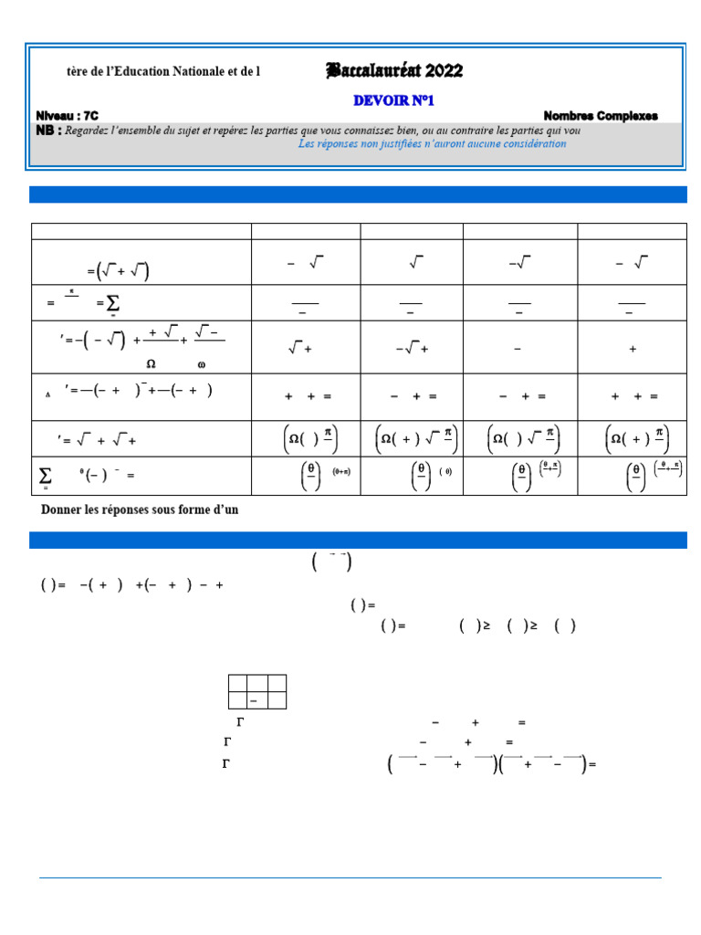 Devoir sur les Nombres Complexes 7C | PDF | Nombre complexe | Entier ...