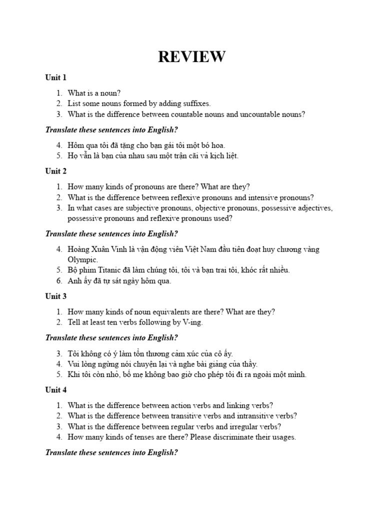 Review - Grammar - Unit 1-10 | PDF