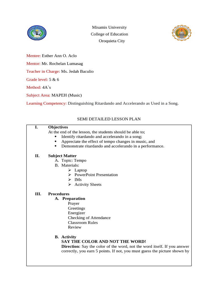 Final Lesson Plan in MAPEH - Grade 5&6 | PDF | Tempo | Lesson Plan