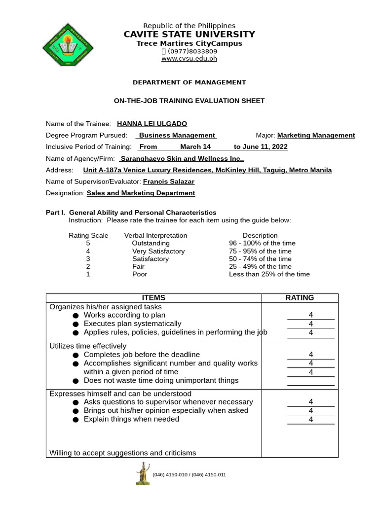 CvSU WFH OJT Performance Evaluation Form Cemds 2.7.22 | PDF | Skill | Procedural Knowledge