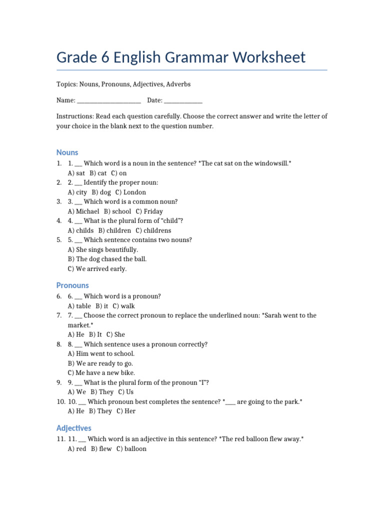 Grade6 Grammar Worksheet | PDF