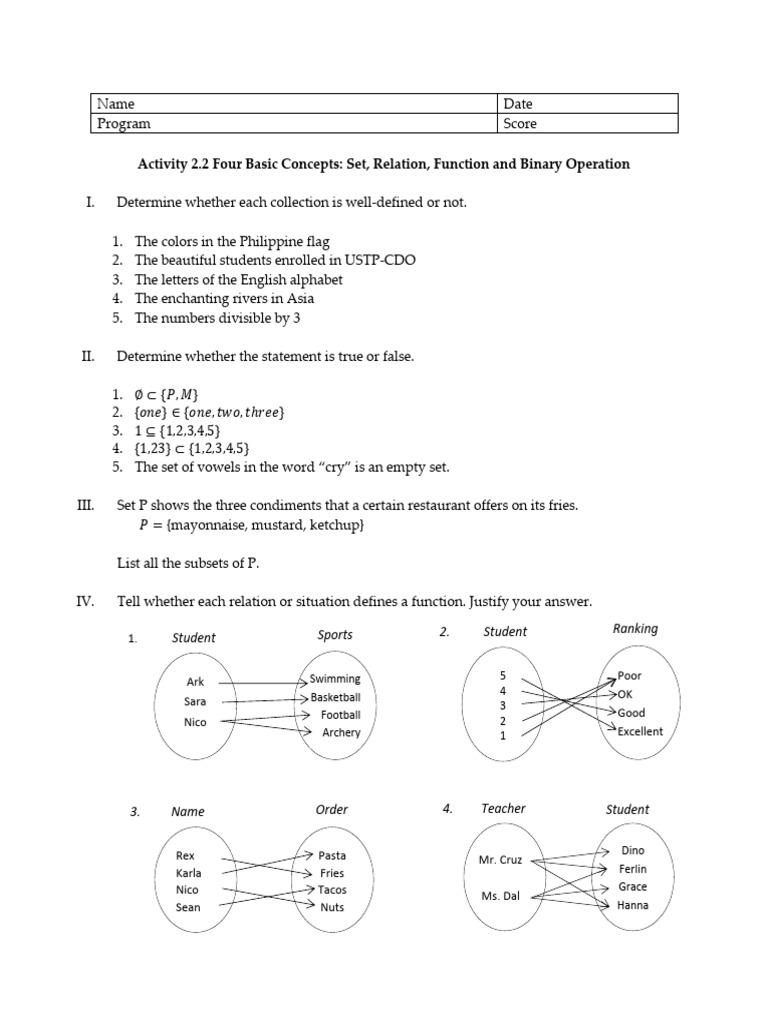 Activity 2.2 Four Basic Concepts Set, Relation, Function and Binary Operation | PDF